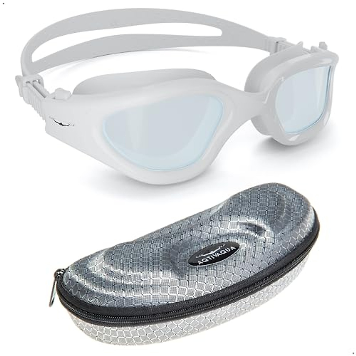 AqtivAqua Transition Swim Goggles Swimming Goggles for Adult Men Women Kids 6-14 Youth Girls Boys Childrens DX-H (All White frame, Silver case, Photochromic lens)