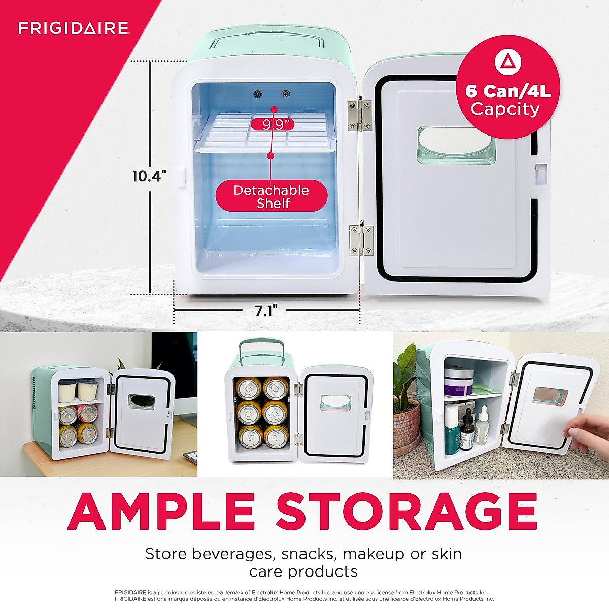 Frigidaire EFMIS129-MINT Mini Personal Fridge Cooler, 1 Gal Capacity fits Six Cans, Includes Plugs for Home Outlet & DC Charger-9.84" D x 7.09" W x 10.35" H