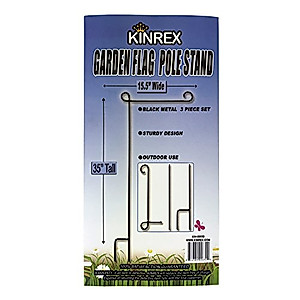 KINREX Garden Flag Pole Holder Stand - Black Metal Iron Wrought Stake Poles for Outdoor Garden Lawn Yard - 3 Piece Set - 35" Tall x 15.5" Wide