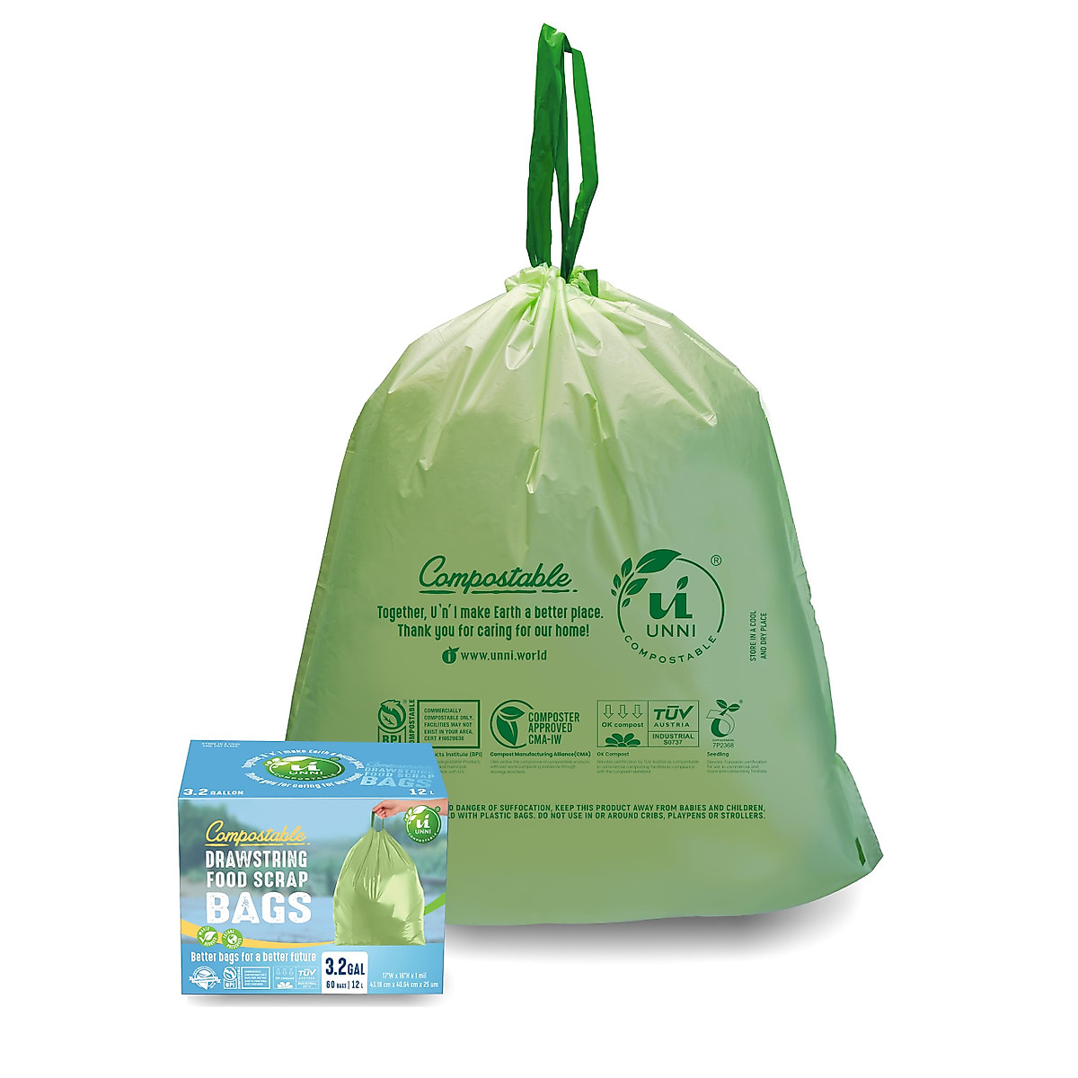 UNNI Compostable Drawstring Bags, 2.6-3.2 Gallon, 10-12 Liter, 60 Count, Heavy Duty 1 Mil, Small Food Scrap Waste Bags with Drawstring Handle, ASTM D6400, US BPI, CMA & Europe OK Compost Certified