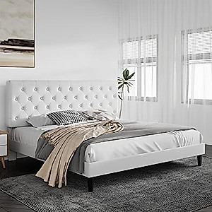 SHA CERLIN King Size Bed Frame with Button Tufted Headboard, Faux Leather Upholstered Mattress Foundation, Platform Bed Frame, Wooden Slat Support, No Box Spring Needed, White
