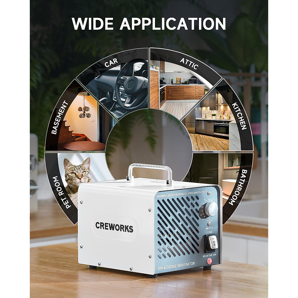 CREWORKS Ozone Negative Ion Generator, 30000 mg/h 2-in-1 Odor Eliminator Air Purifier for Car Home Smoke Pet Odor Removal, Commercial Ozone Machine Ionizer with Timer for 3200 sq ft Room
