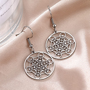 Metatron's Cube Earrings For Women Stainless Steel Sacred Geometry Flower Of Life Earrings Geometric Charm Hexagram Earrings Bohemian Style Jewelry (silver)