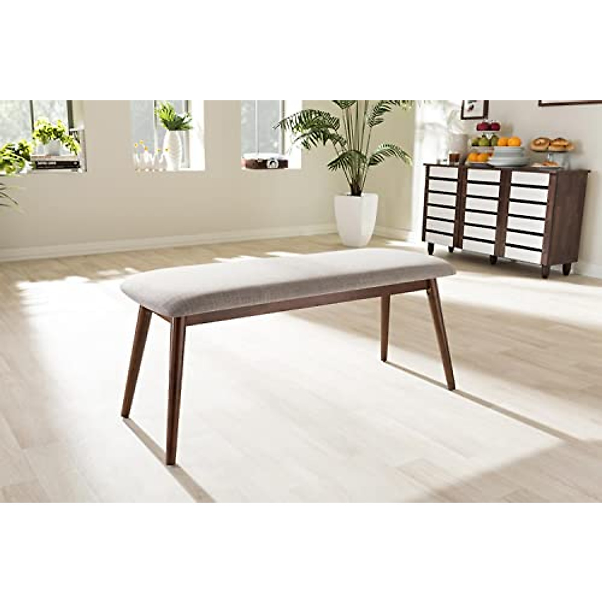 Baxton Studio Flora Mid-Century Modern Light Grey Fabric and OakMedium Brown Finishing Wood Dining Bench