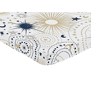 Sweet Jojo Designs Star and Moon Boy or Girl Fitted Mini Crib Sheet Baby Nursery for Portable Crib or Pack and Play - Navy Blue, Gold, and Grey Celestial Sky Stars Gender Neutral Unisex
