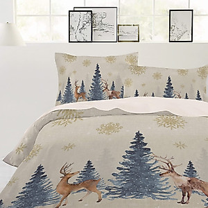 Christmas Elk Duvet Cover Set 3 Pieces with Zipper Closure, Navy Blue Ombre Xmas Tree Bedding Sets 1 Duvet Cover & 2 Pillow Cases, Deer Winter Snowflake Comforter Cover Set Duvet Cover California King