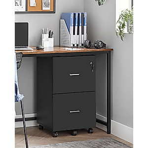 VASAGLE 2-Drawer File Cabinet, Locking Wood Filing Cabinet for Home Office, Small Rolling File Cabinet, Printer Stand, for A4, Letter-Size Files, Hanging File Folders, Modern, Black ULCD027T16V2