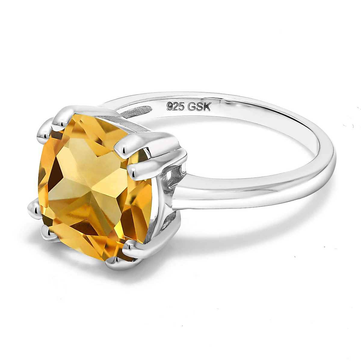 Gem Stone King 925 Sterling Silver Yellow Citrine Double Prong Ring For Women (3.22 Cttw, Cushion Cut 10MM, Gemstone Birthstone, Available In Size 5, 6, 7, 8, 9)