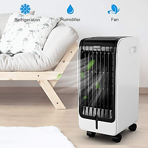 COSTWAY Evaporative Cooler, Include Remote Control, 2 Ice Packs, Portable Bladeless Fan with 3 Modes, 3 Speeds, 8H Timer, LED Display, Air Cooler for Indoor Use, Bedroom (Black)