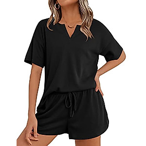 Ekouaer Waffle Knit Pajamas Set Womens Loungewear Short Sleeve Lounge Set 2 Piece PJ Sets S-XXL Black