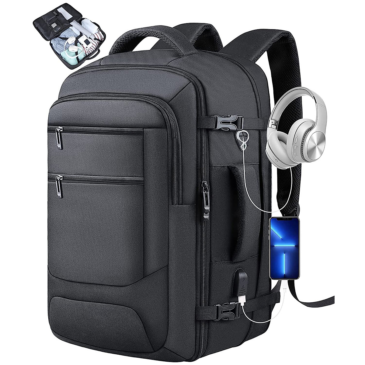 Lapsouno Carry On Backpack, Travel Backpack, Expandable 40L Carry On Luggage Backpack for Travel, Airplane Approved Large Luggage Backpack for Men Women, Business Daypack Weekender Bag with USB,Black