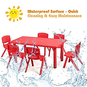 Costzon Kids Table and Chair Set, 6 Pcs Stackable Chairs, 47 x 23.5 Inch Rectangular Plastic Activity Table Set for Children Reading Drawing Playing Snack Time, Toddler School Furniture (Red)