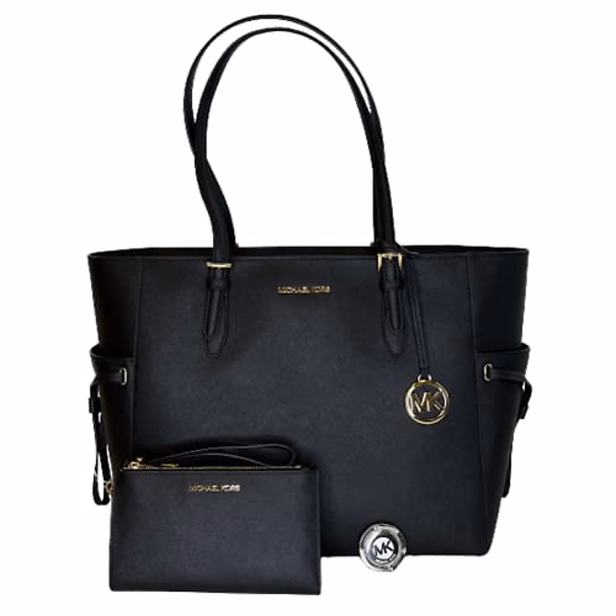 Michael Kors MICHAEL Michel Kors Gilly Large Drawstring Travel Tote bundled with Double Zip Wristlet Purse Hook (Black)