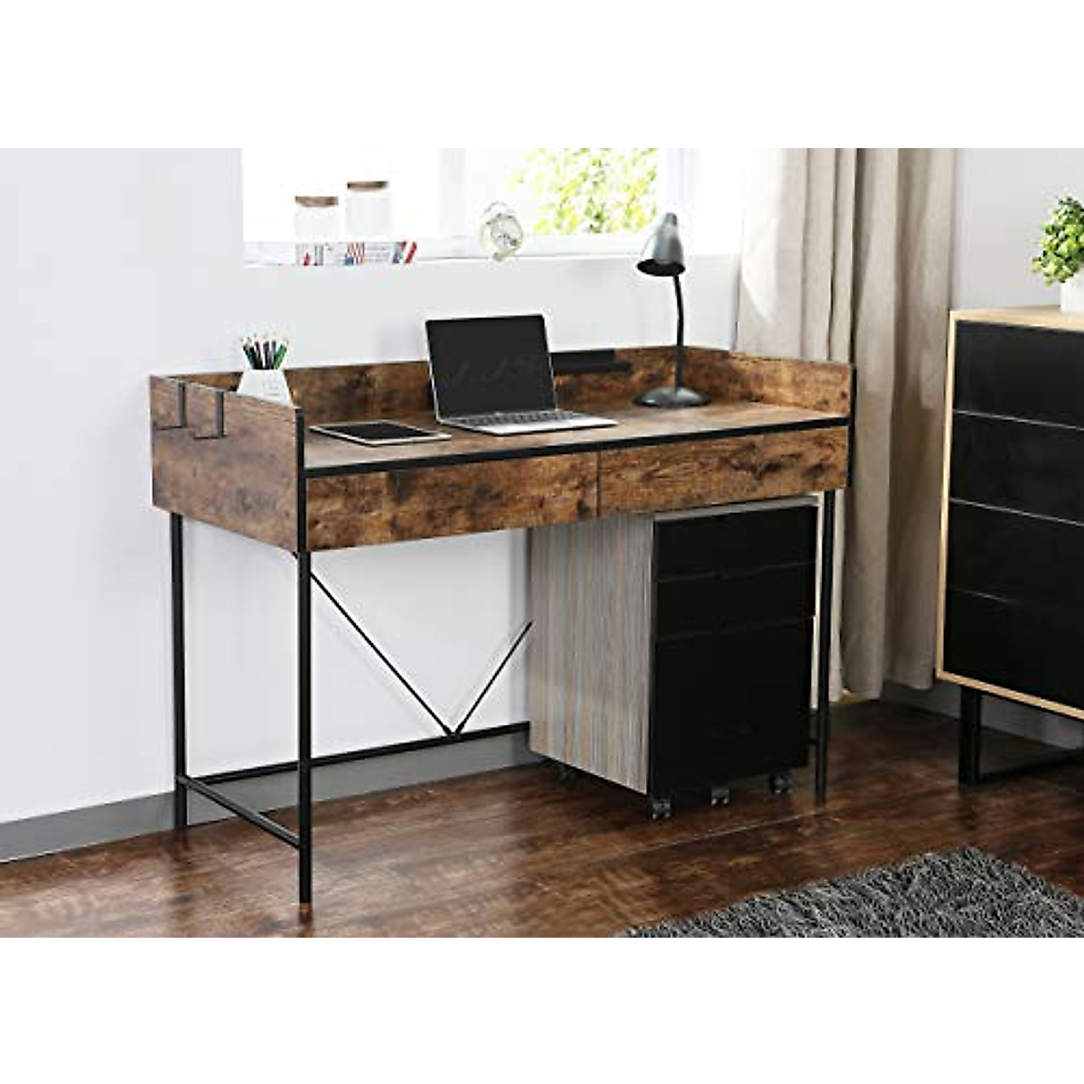 JJS 48" Home Office Computer Laptop Desk with Drawers, Modern Wooden Compact Study Writing Desk with Privacy Panel and Storage for Small Space, Rustic Brown