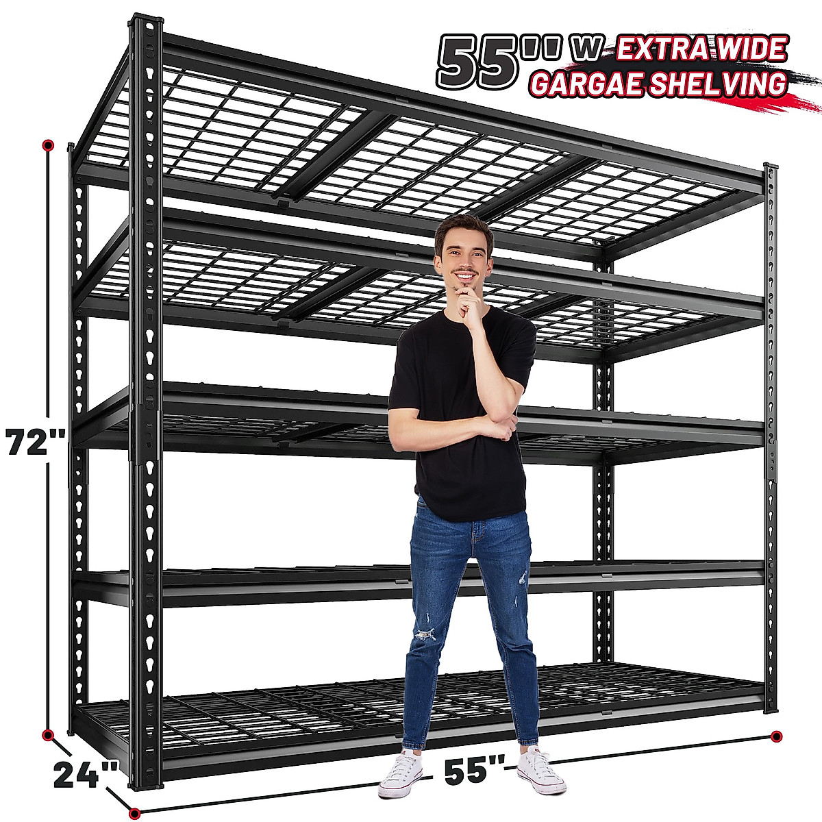 REIBII 55" W Garage Shelving 3000LBS Heavy Duty Storage Shelves 5 Tier Adjustable Metal Shelving Unit for Storage Rack Garage Storage Shelves Industrial Utility Shelf, 55" W x 24" D x 72" H