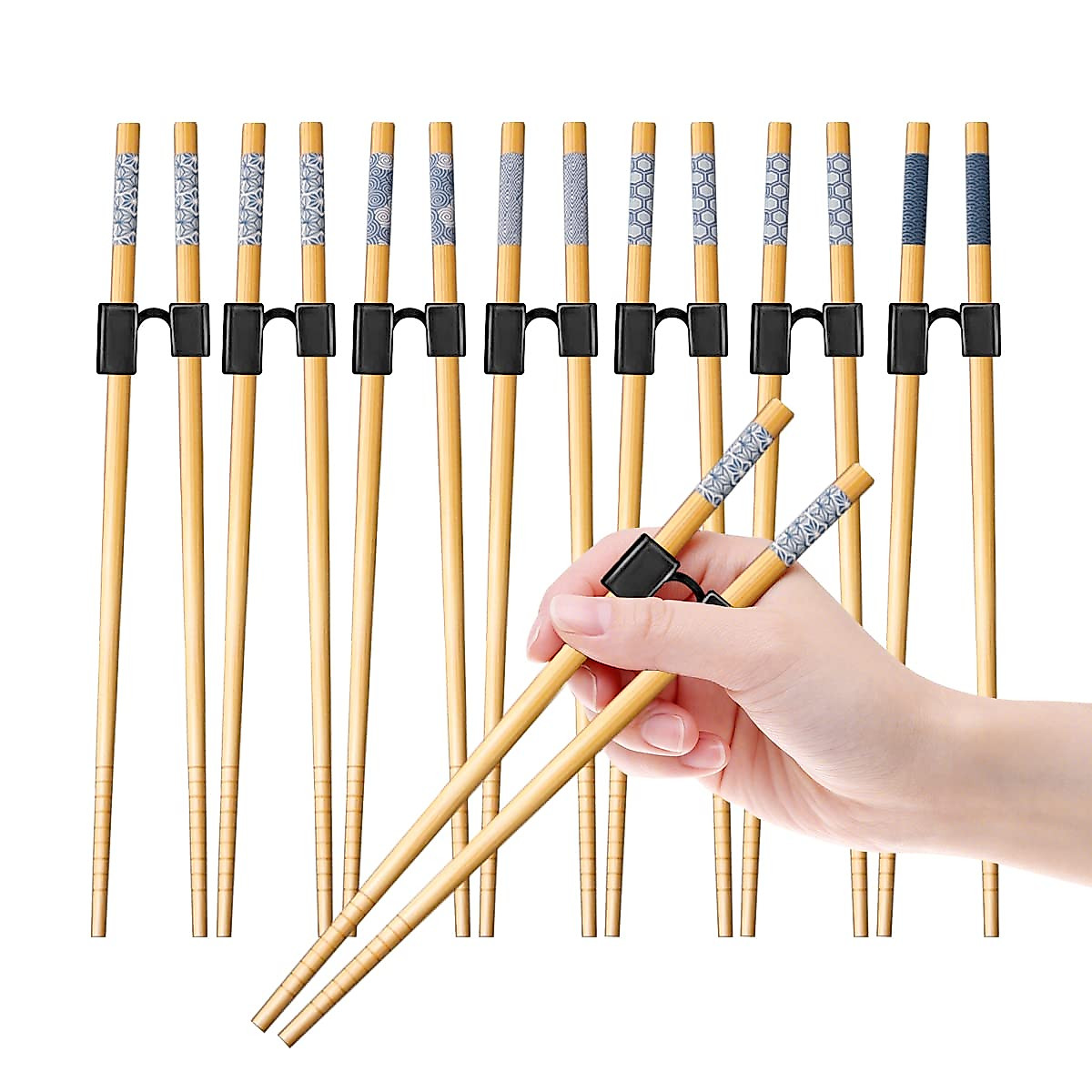7 Pairs Reusable Training Chopsticks Helpers for Kids Adult Trainer Beginner Learner, Japanese Bamboo Chopsticks and Non-Slip Connector Set, Dishwasher Safe, L8.86Inch(1.Simplicity print)