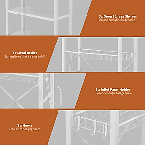 QUJEON Over The Toilet Storage Shelf, Above Toilet Bathroom Shelves with Toilet Paper Holder and 3-Hooks, 4 Tiers Toilet Rack for Bathroom, Fit Most Toilets, (White)