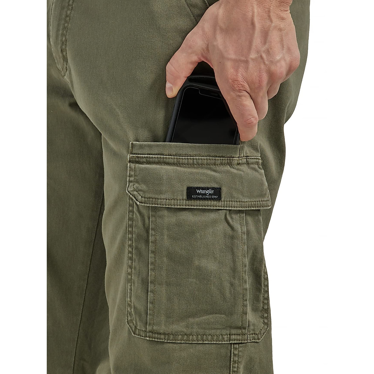 Wrangler Authentics Men's Relaxed Fit Stretch Cargo Pant, Olive, 38W x 29L