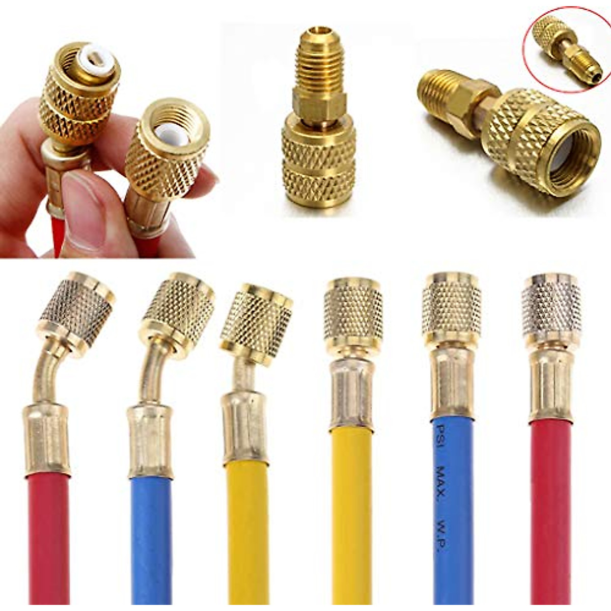Refrigerant Charging Hoses with Diagnostic Manifold Gauge Set for R410A R22 R404 Refrigerant charging,1/4" Thread Hose Set 60" Red/Yellow/Blue (3pcs) with 2 Quick Coupler