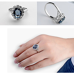 White Gold Plated Oval Shaped Ring with Sapphire Blue Swarovski element Crystal and Clear Round Shaped Cubic Zirconia Fashion Jewelry for Women (6.5)