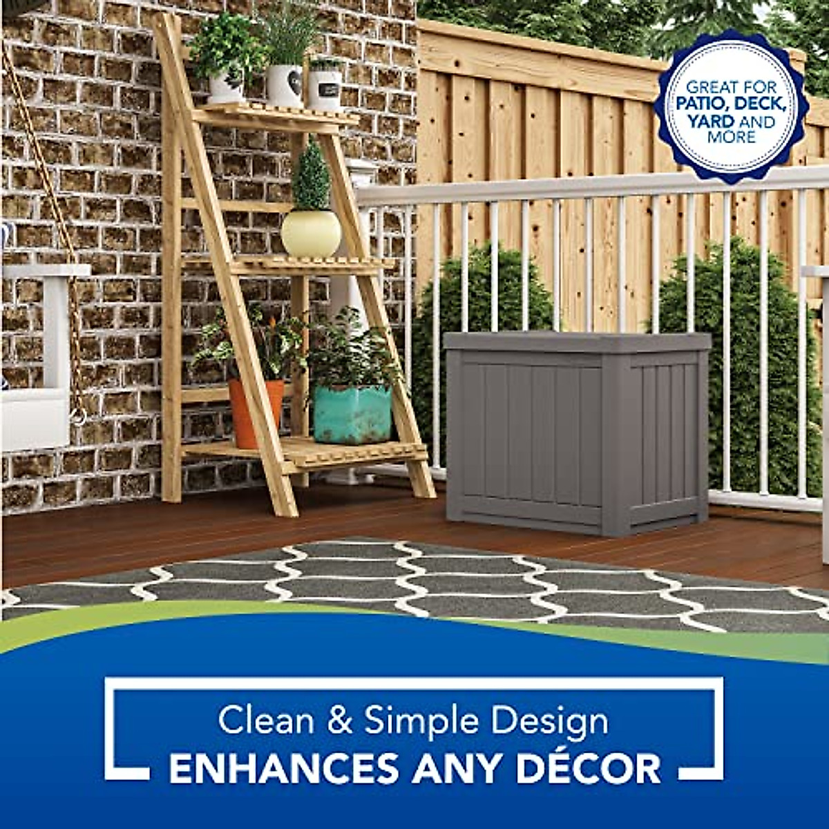 Suncast 22-Gallon Small Deck Box - Lightweight Resin Indoor/Outdoor Storage Container and Seat for Patio Cushions and Gardening Tools - Store Items on Patio, Garage, Yard - Stone Gray