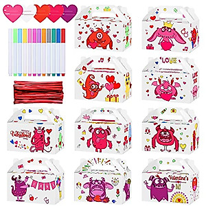 Aodaer 30 Sets DIY Valentine Treat Boxes Color Your Own Paintable Monster Prints Candy Box Party Favor Boxes with Heart Tag Twist Tie Pen for Kids Valentine Party School Supplies, 6.3 x 3.5 x 3.5 Inch