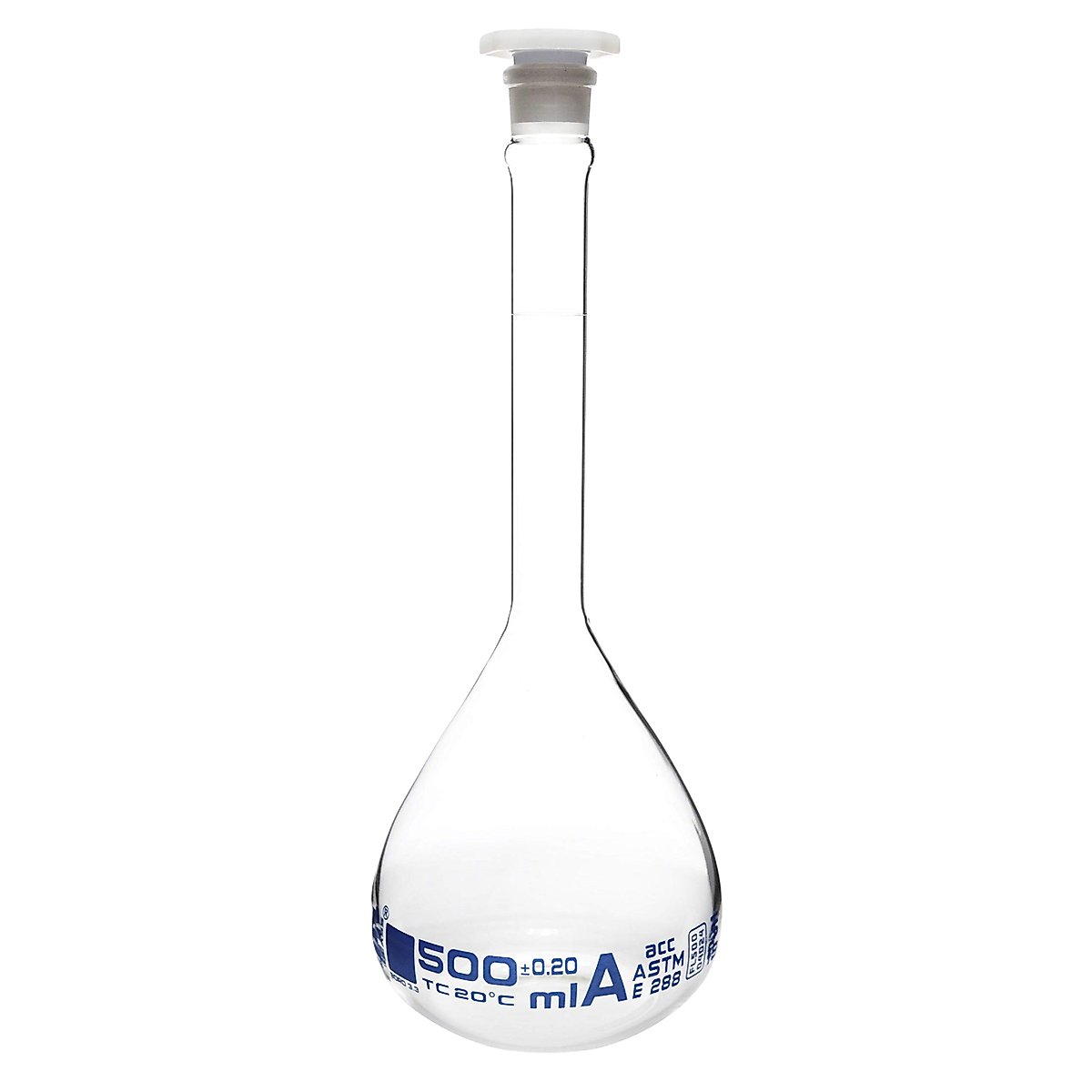 EISCO Volumetric Flask, 500ml - ASTM, Class A - Tolerance ±0.20ml - Interchangeable, Size 19 Polypropylene Stopper - Single, White Graduation - Borosilicate Glass