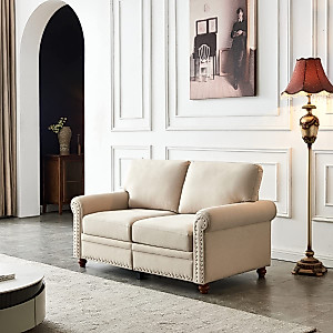 HoRunzelin Modern Luxury 2 Seater Loveseat Sofa Couch,Rolled Arm,Linen Fabric Upholstery,Nailhead Decoration,Rubber Wood Legs for Living Room,Beige