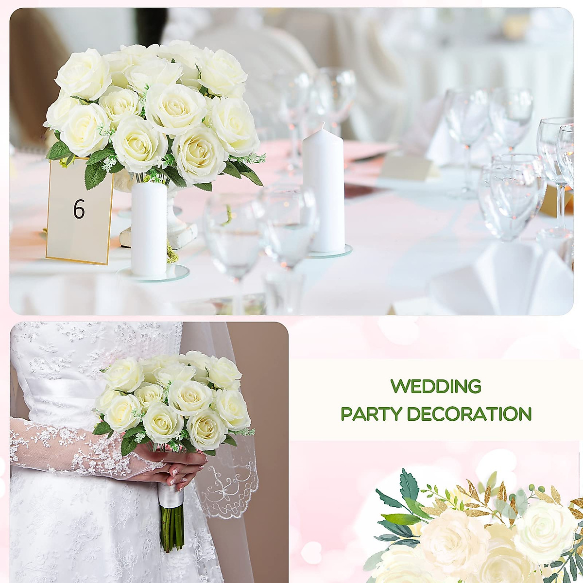 Hanaive 60 Heads Artificial White Rose Silk Roses with Stem Valentine's Day White Flowers Real Looking Faux Flowers for Girlfriend Wedding Bridal DIY Shower Party Home Centerpieces Decorations