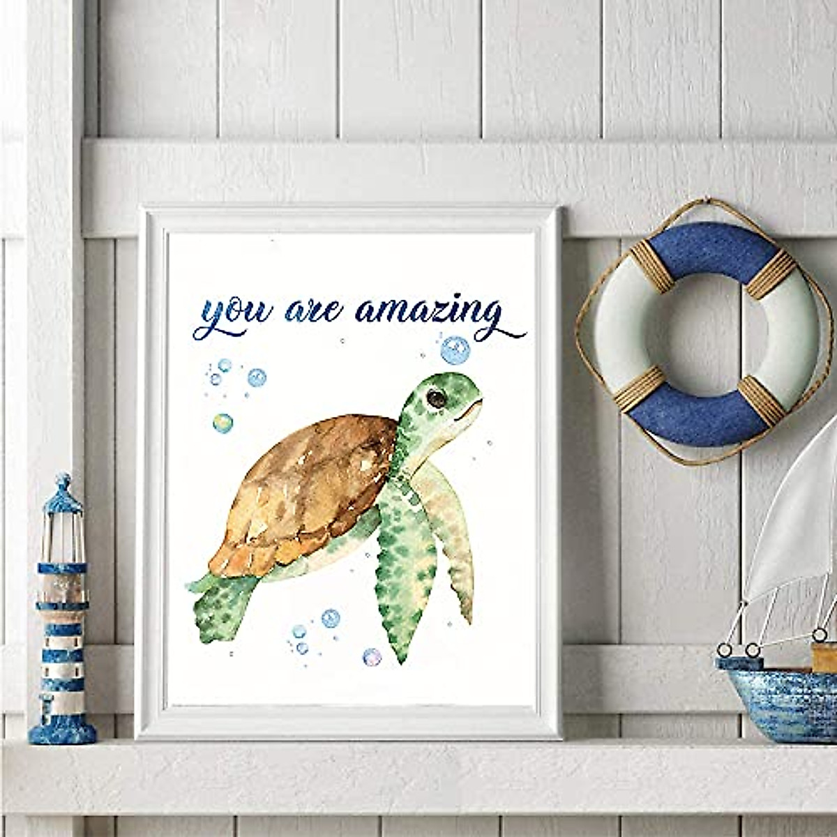 SUUURA-OO Inspirational Words Texture of Dreams Watercolor Sea marine life Art Print Set of 6 (8”X10”), Sea Turtle Seahorse fish whale Jellyfish Watercolor Wall Poster, Blue Ocean Theme Nursery Kids Room Wall Decor