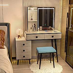 LVSOMT Vanity Desk with 3-Color Lighted Mirror, Makeup Vanity Table Set with Lights & Charging Station, 5 Drawers, Shelves, Dressing Table with Stool for Women Girls (White)