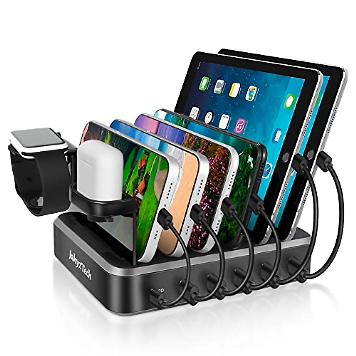 Charging Station for Multiple Devices, 60W 6-Port Charging Dock with PD 20W USB-C & Quick Charge 3.0, 6 Short Charging Cables Included,Smartwatch Holder, Compatible with iPhone iPad Cell Phone Tablets