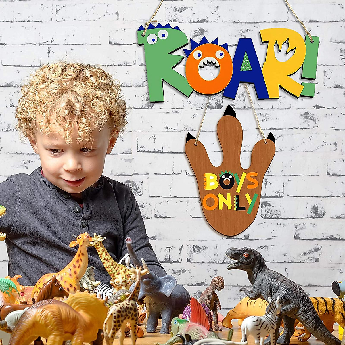 Jetec 6 Pcs Dinosaur Boys Room Wall Decor Include 2 Dinosaur Paw Wooden Hanging Sign 4 Wall Stickers (Unframed) Inspirational Quote Dino Decor Gift for Kids Bedroom Nursery Playroom