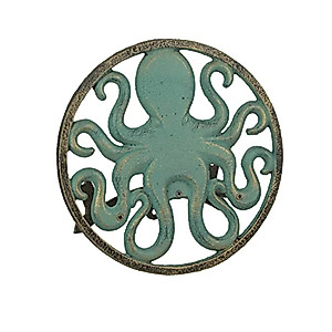 Zeckos Cast Iron 12 inch Octopus Decorative Wall Mounted Hanging Garden Hose Holder Verdigris Green Finish - 125 ft Hose