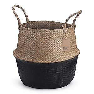 DOKOT Seagrass Belly Basket with Handles Natural Woven Planter Baskets for Indoor Plants Storage Laundry (Black 8 inch D x 9 inch H)
