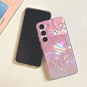 YeLoveHaw for Samsung Galaxy S23 Phone Case for Women Girls, Glitter Pink Purple Colorful Pearly-Lustre Shell, Cute Heart-Shaped Pattern, Slim Protective Cover for Samsung S23 6.1 (White Hearts)