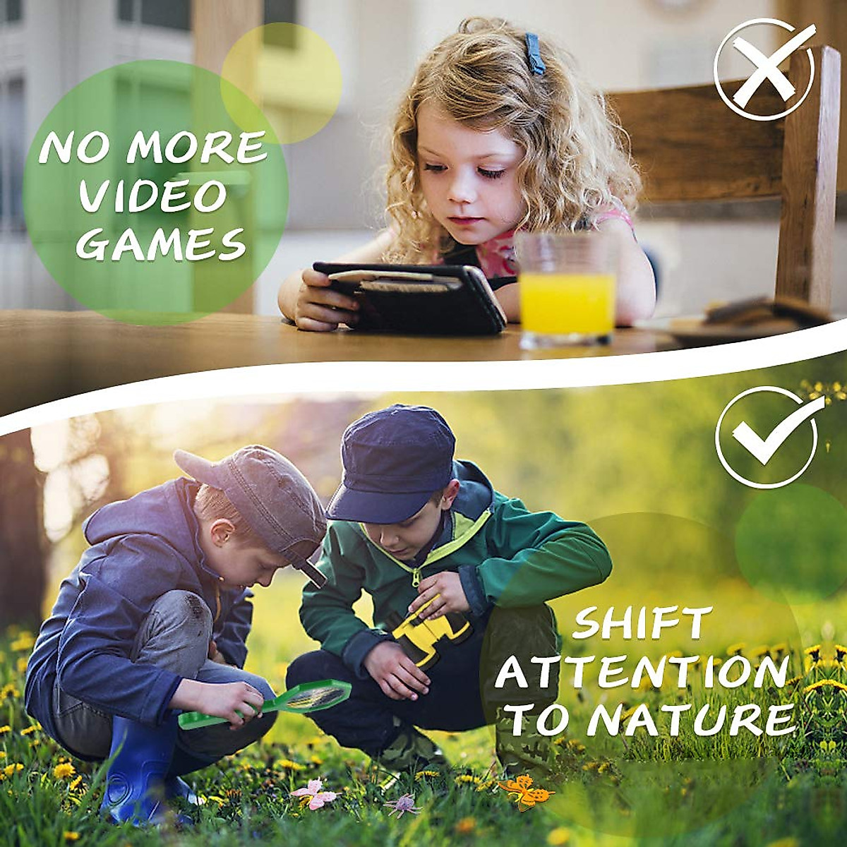 kaqinu Kids Explorer Kit, 24 PCS Outdoor Adventure Camping Kit & Bug Catcher Kit with Drawstring Bag, Binoculars, Compass, Butterfly Net, Educational Nature Exploration Toys Gift for Boys & Girls