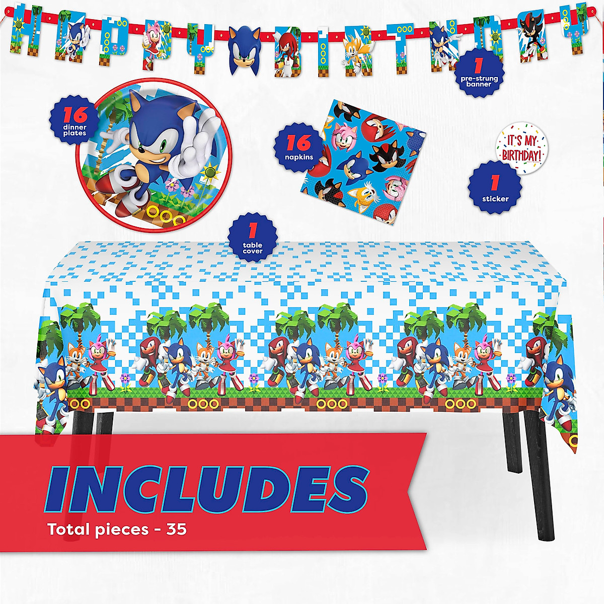 Sonic Birthday Party Decorations for 16 | Banner, Tablecloth, Sonic Plates and Napkins, Sticker | Sonic Party Decorations | Officially Licensed