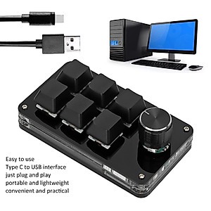 Fewb 6 Keys One Handed Mechanical Gaming Keyboard, Mini Keypad Programmable Macro Keyboard with Knob, USB Shortcut Multifunction Keyboard for PC Computer Gaming(Black)