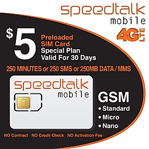 SpeedTalk Mobile $5 SIM Card Kit for 5G 4G LTE iOS Android Smart Phones 250 Minutes OR 250 Text or 250MB Data Cellphone Plan | 3 in 1 Simcard - Standard Micro Nano | 30 Days Service | USA Coverage