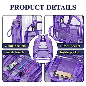 2BK Purple Heavy Duty Clear Backpacks,Large Transparent Backpacks See Through Backpacks for Kids,Adults,School,Stadium,Work,Security,Travel