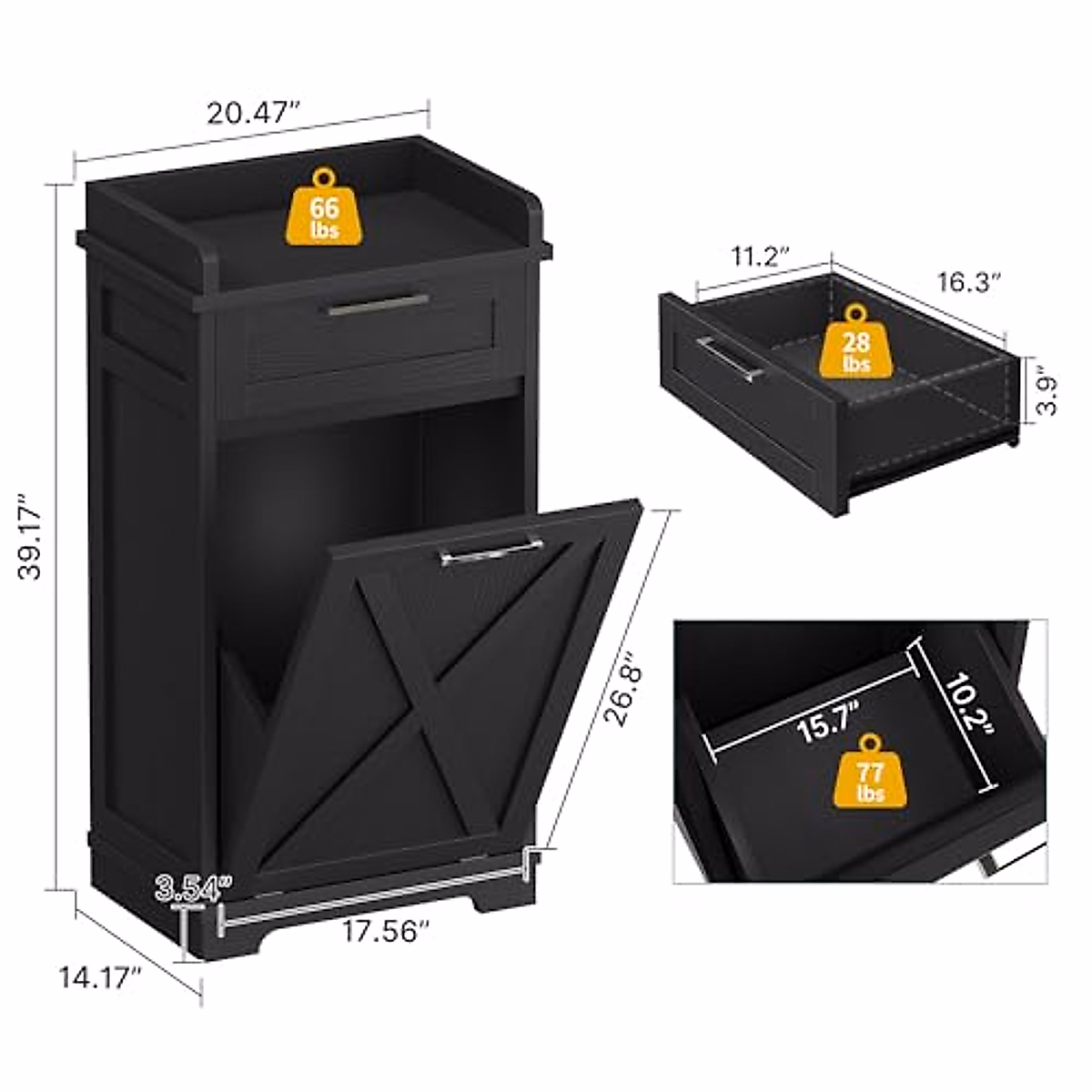 DWVO 10 Gallon Trash Cabinet with Storage Cabinet ＆ Drawer, Wooden Tilt Out Trash Cabinet Hidden Garbage Bin Cabinet, Tilt-Out Hamper for Kitchen Island, 20.5" W x 14" D x 39" H, Black