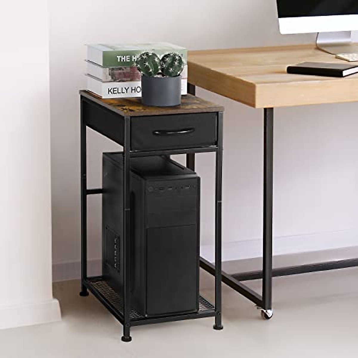 YBING Computer Tower Stand PC Tower Stand with Storage Drawer Mobile CPU Holder Stand with Caster Wheels 2 Tier Rolling Computer Tower Cart for Home Office Fax, Rustic Brown