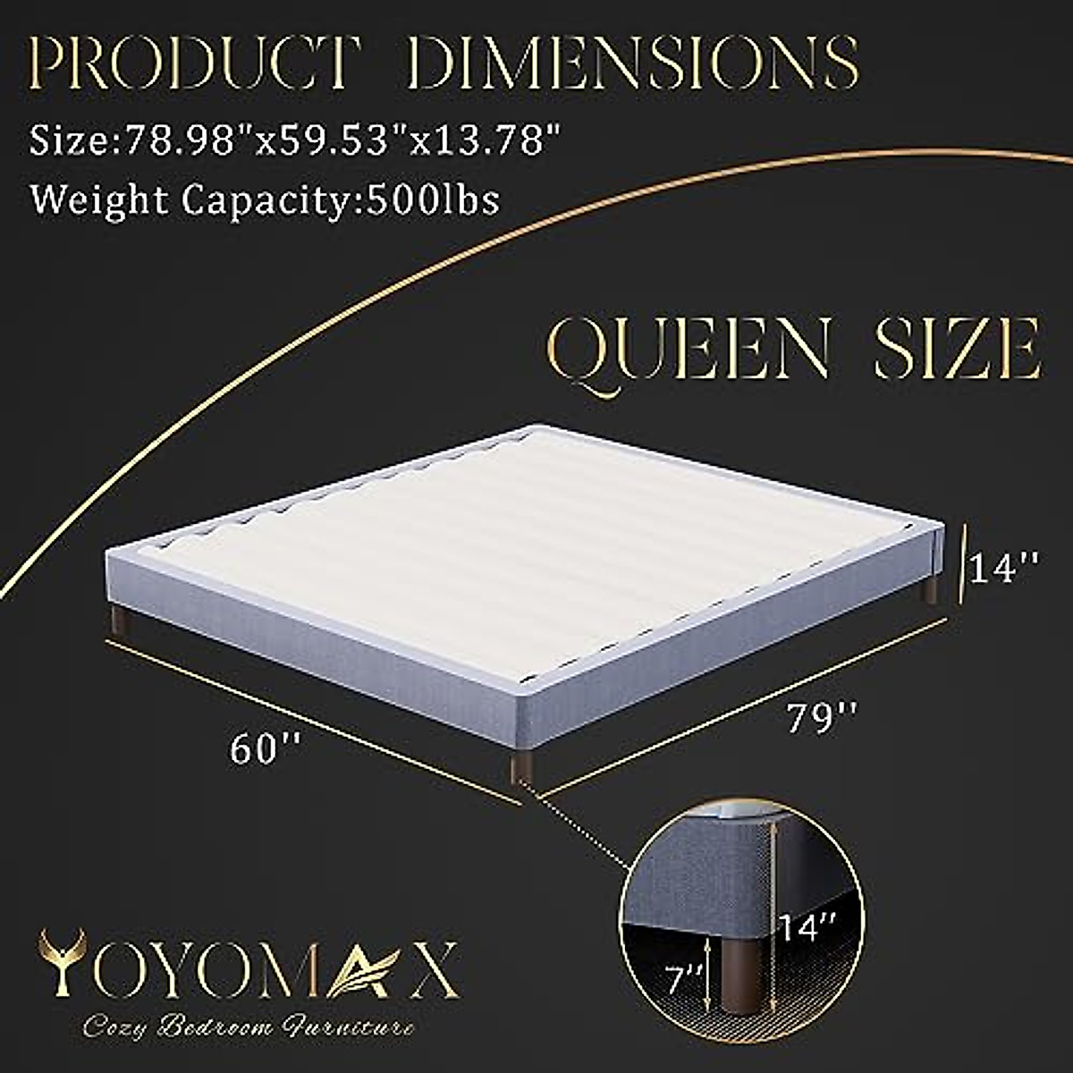 yoyomax Queen Size Bed Frame, Classic Wood Platform Slats Support/Mattress Foundation/Tool-Free Assembly Within 10 Mins/No Box Spring Needed, Elegant Gray