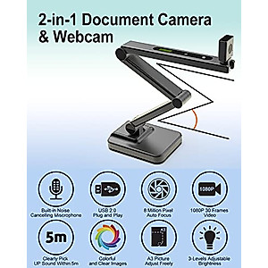 VIZOLINK 8MP Document Camera & Webcam with Noise-Canceling Microphone, A3-Size Capture, Auto Focus, 3-Levels Adjustable Brightness, for Live Demo, Home Office, Remote Teaching