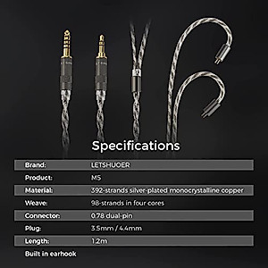 Letshuoer M5 in Ear Earphone Cable of S12 in Ear Monitor Silver-Plated Monocrystalline Copper IEM Cable 0.78mm 2Pin Connector (3.5mm Plug)