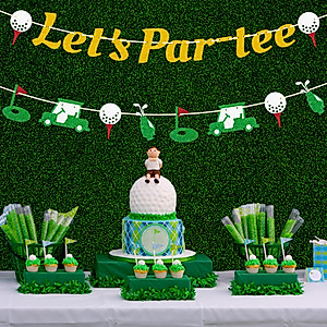 Gifloon Pre-Strung Golf Themed Birthday Banner, NO-DIY Let’s Par-tee Banner Golf Sports Theme Party Decorations for Retirement Baby Shower, Gold