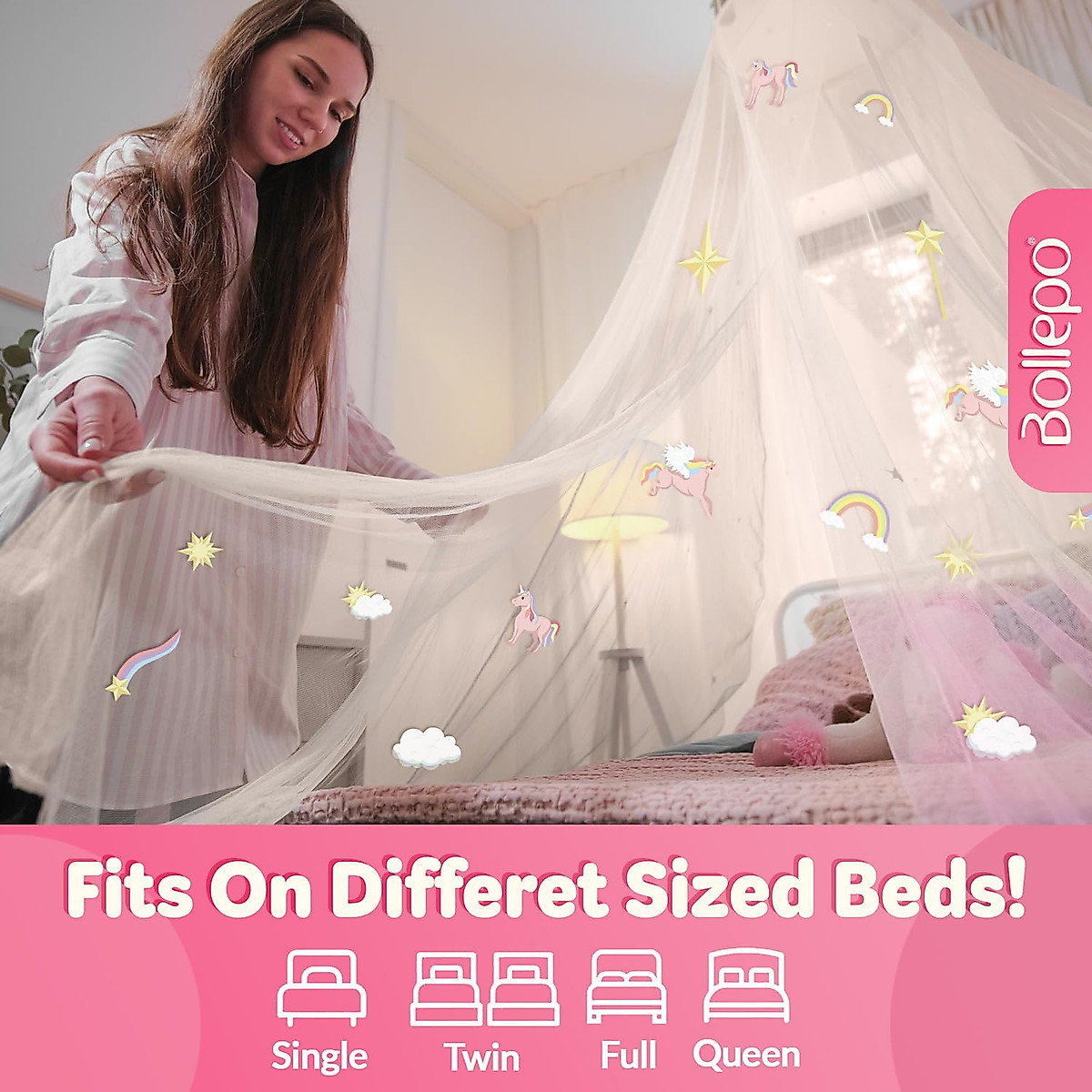 Bollepo Bed Canopy for Girls Bed with Glowing Stars - Princess Room Decor, Ceiling Net to Cover Toddler | Full, Twin Size Kids Bed Curtains, Fire Retardant Fabric (White - Unicorn)