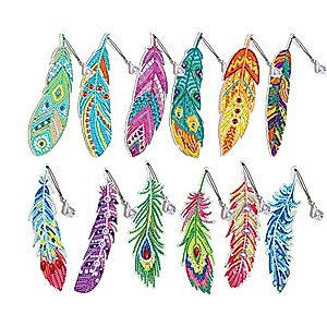 5D Diamond Painting Bookmarks, 12 Pcs DIY Crystal Feather Bookmark, Rhinestone Feather Bookmarks Kits with Crystal Pendant for Kids Adults Home Class Craft School Supplies, 12 Styles