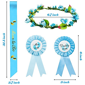 Blue and Gold Mom to Be Sash Kit Gender Reveals Party Floral Garland Crown with Daddy to Be Tinplate Badge Combo Decor Supplies Favors for Boys Baby Shower Party Photo Prop Gift